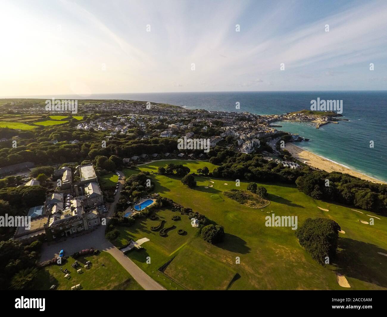 Aerial view of Tregenna Castle Resort and Carbis Bay Beach, Seaside ...