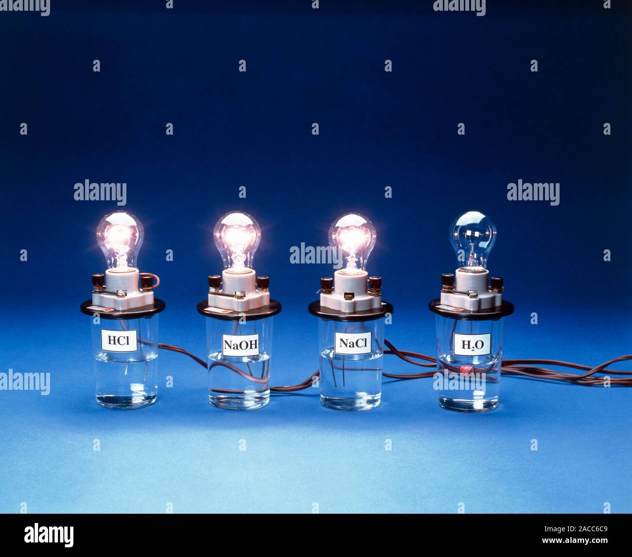 Conductivity test. Assorted solutions being tested for electrical ...