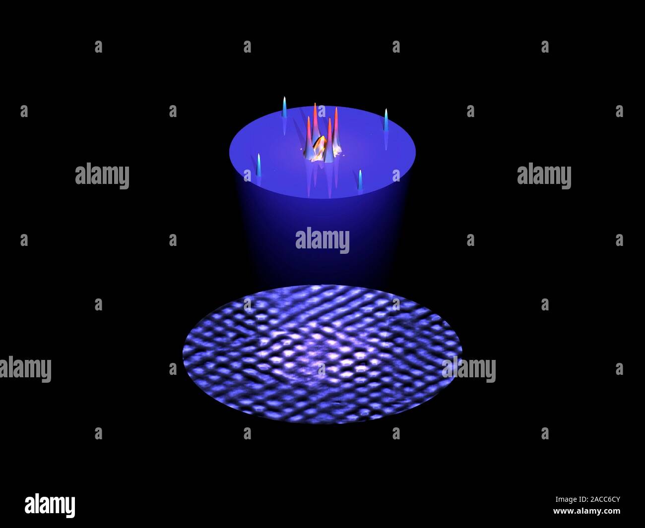 Superconductor surface. Coloured scanning tunnelling micrographs (STM ...