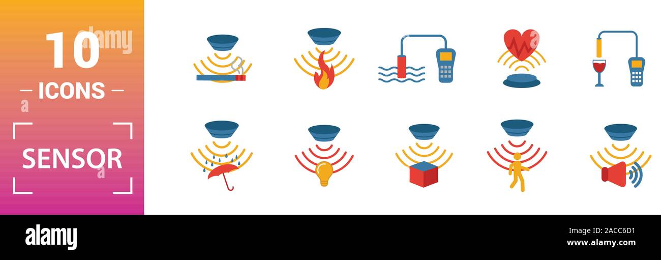 Sensor icon set. Include creative elements water quality sensor, smoke ...