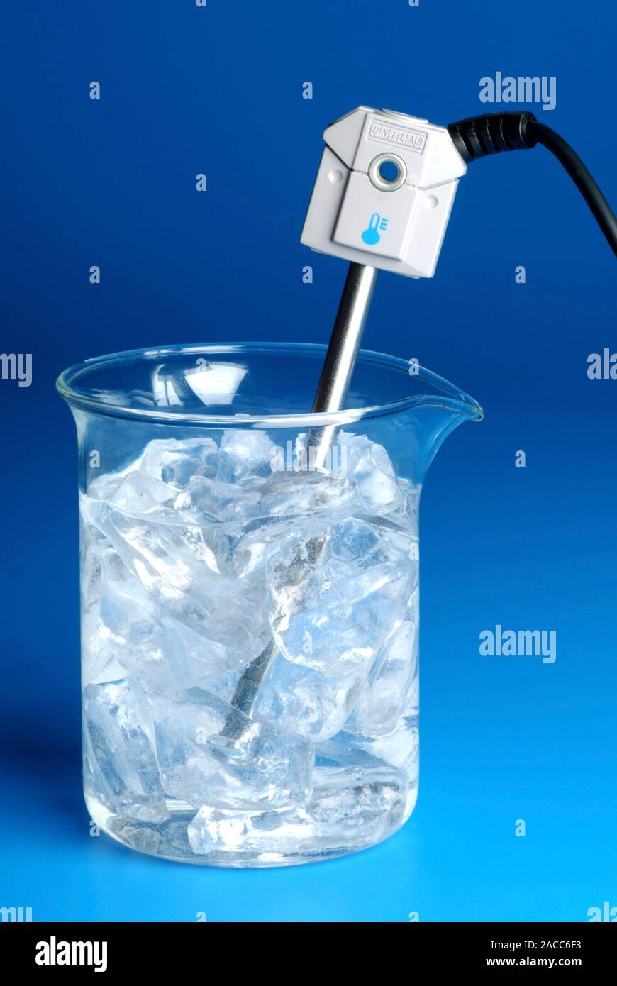 Laboratory temperature sensor. The sensor is at the end of the metal ...