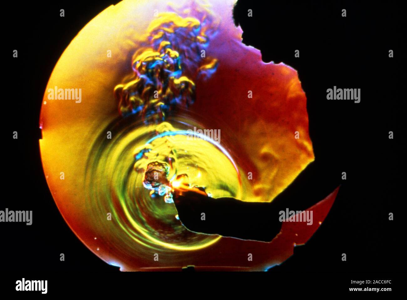 Schlieren photograph of firecracker exploding in gloved hand, showing ...