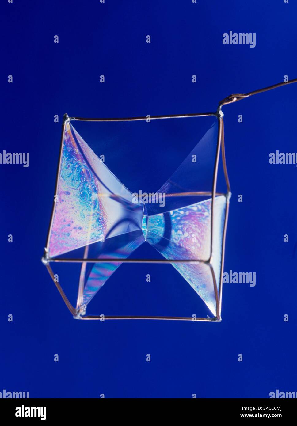 Soap film on a cube frame. Soap bubbles form sheets of minimum surface ...