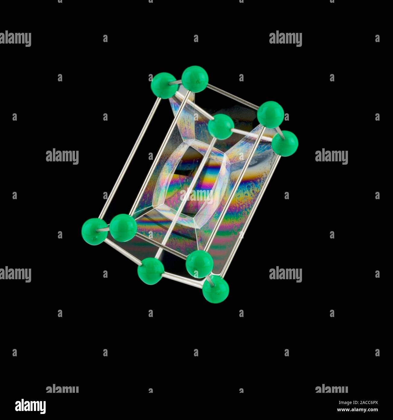 Soap bubbles on a pentagonal prism frame. Bubble films always attempt ...