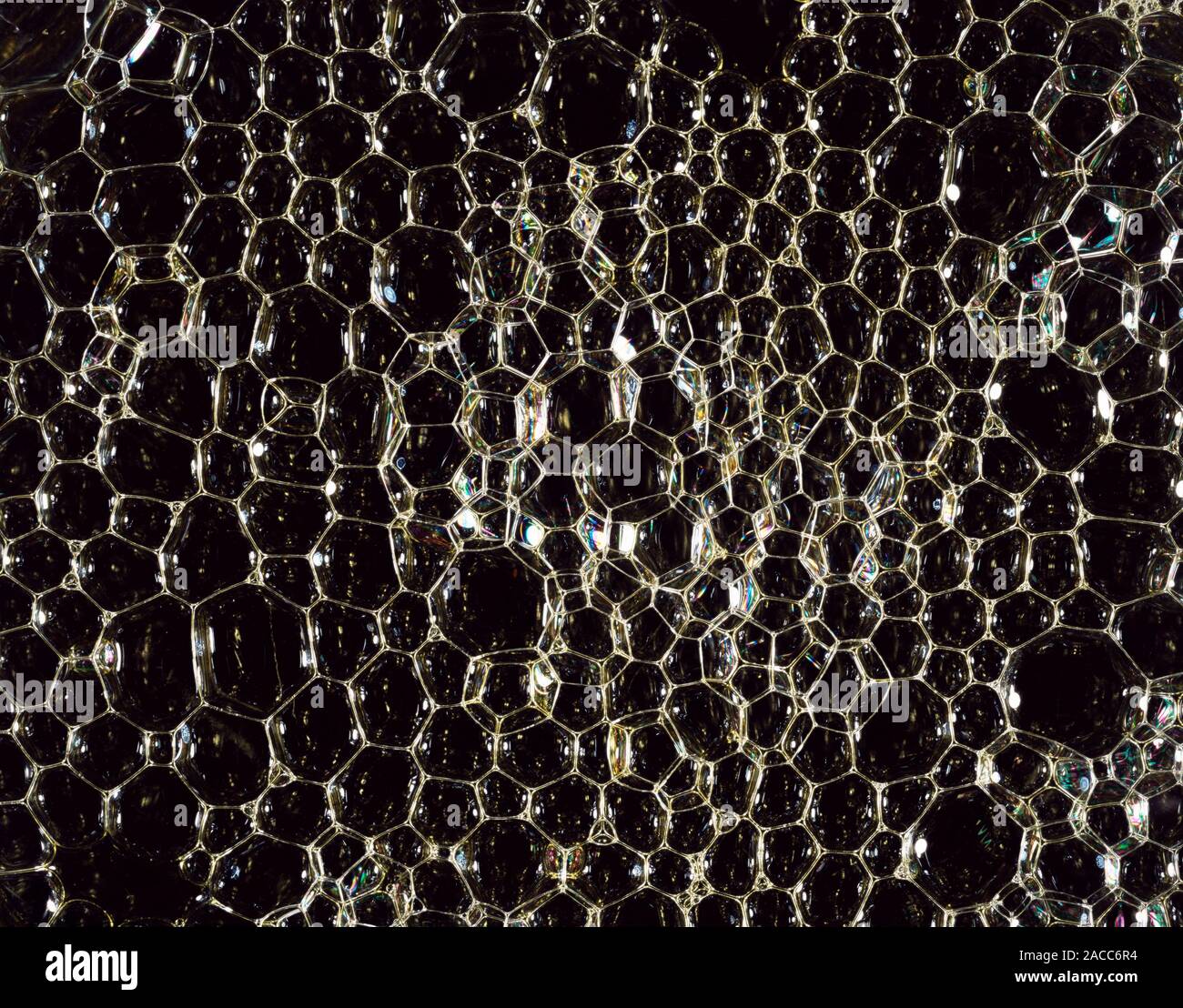 Soap bubbles forming an array of hexagon and pentagon structures. This ...