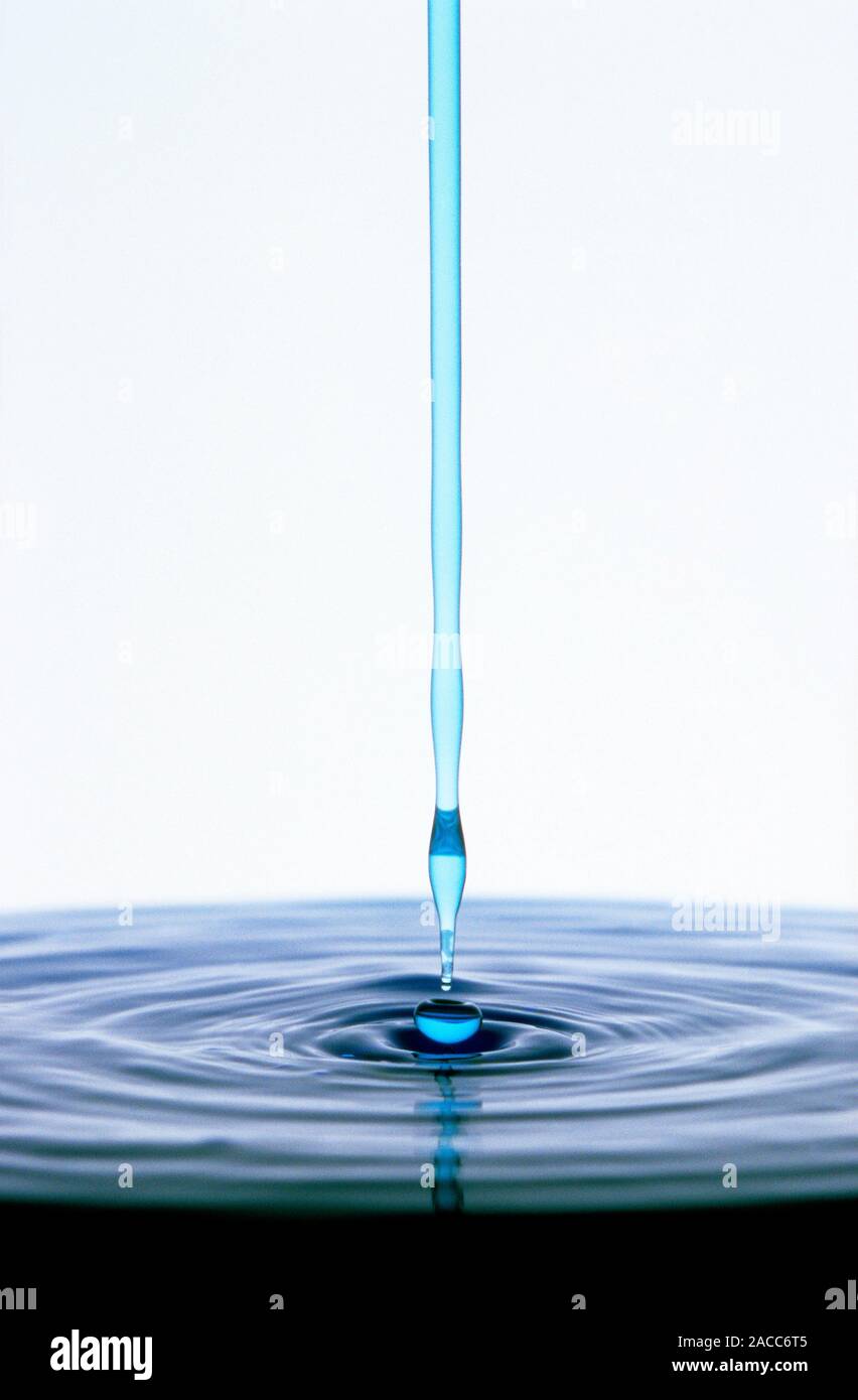 Water droplet, high-speed photograph. Water droplet forming at the end ...