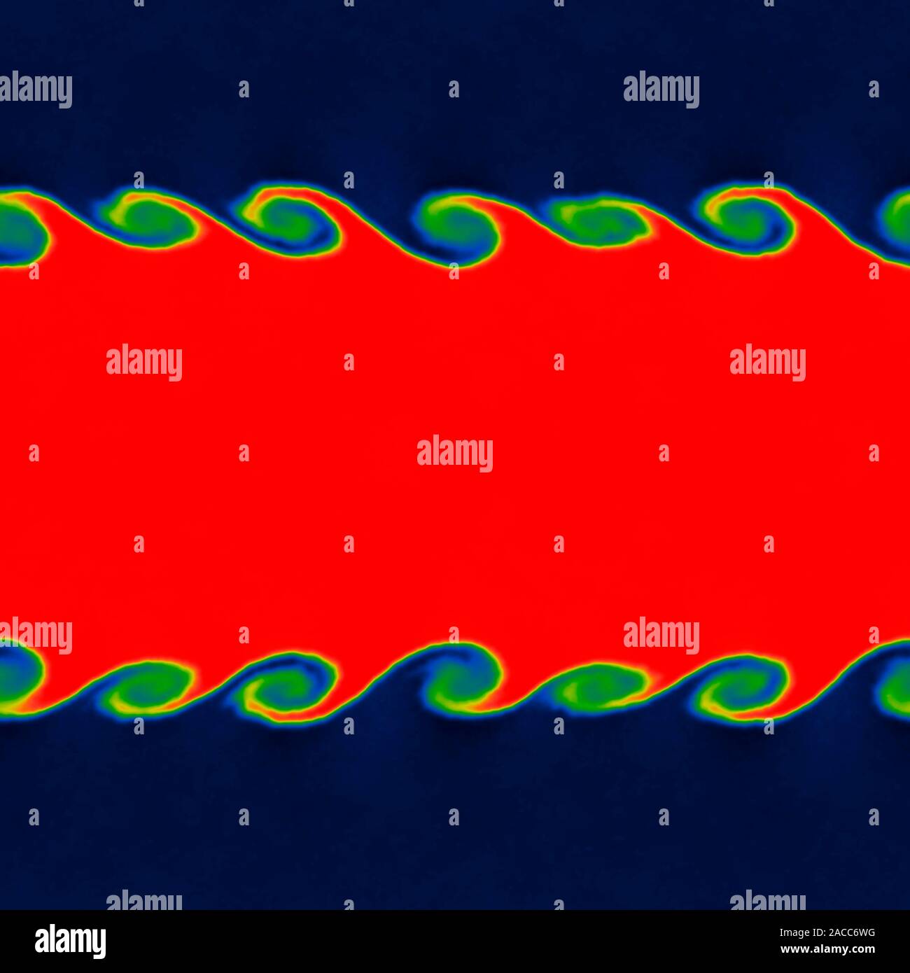 Fluid dynamics. Supercomputer simulation of two fluids (red and blue ...