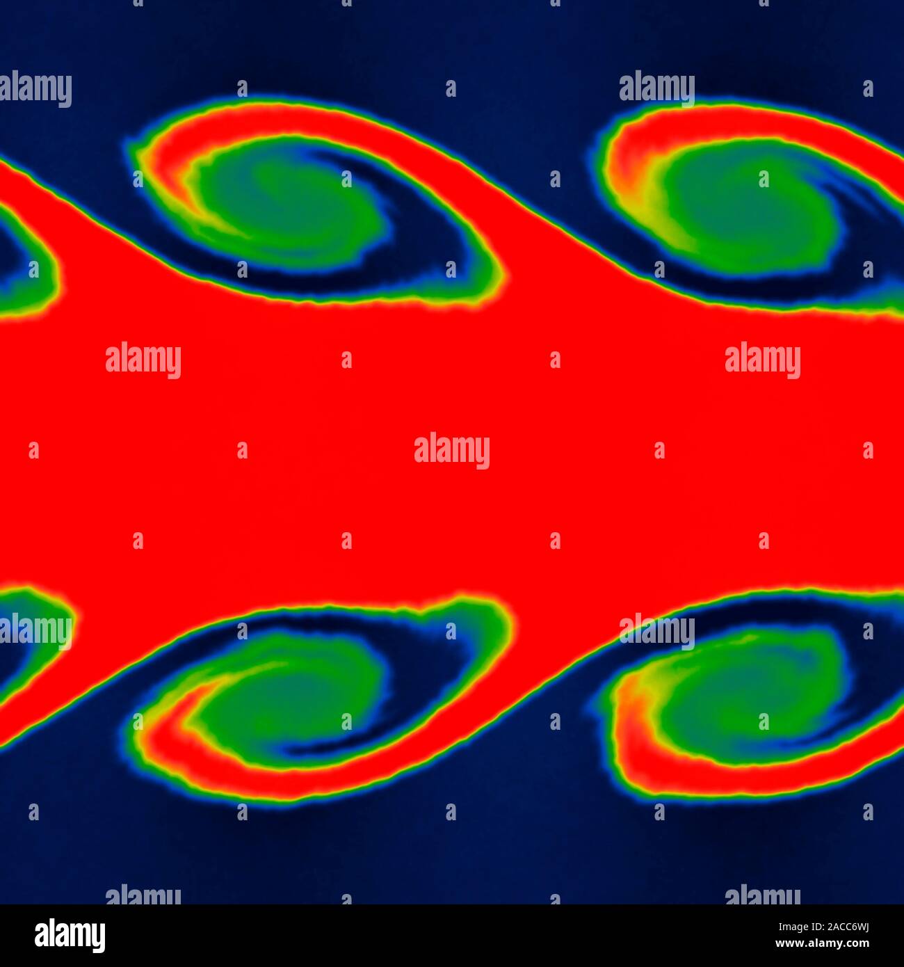 Fluid dynamics. Supercomputer simulation of two fluids (red and blue ...