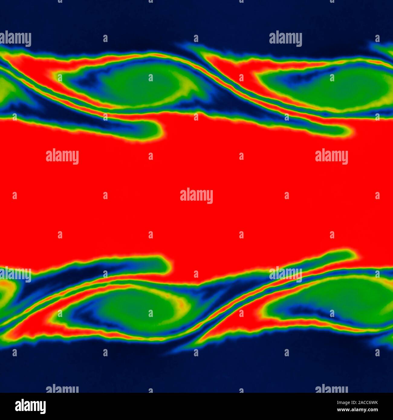 Fluid dynamics. Supercomputer simulation of two fluids (red and blue ...