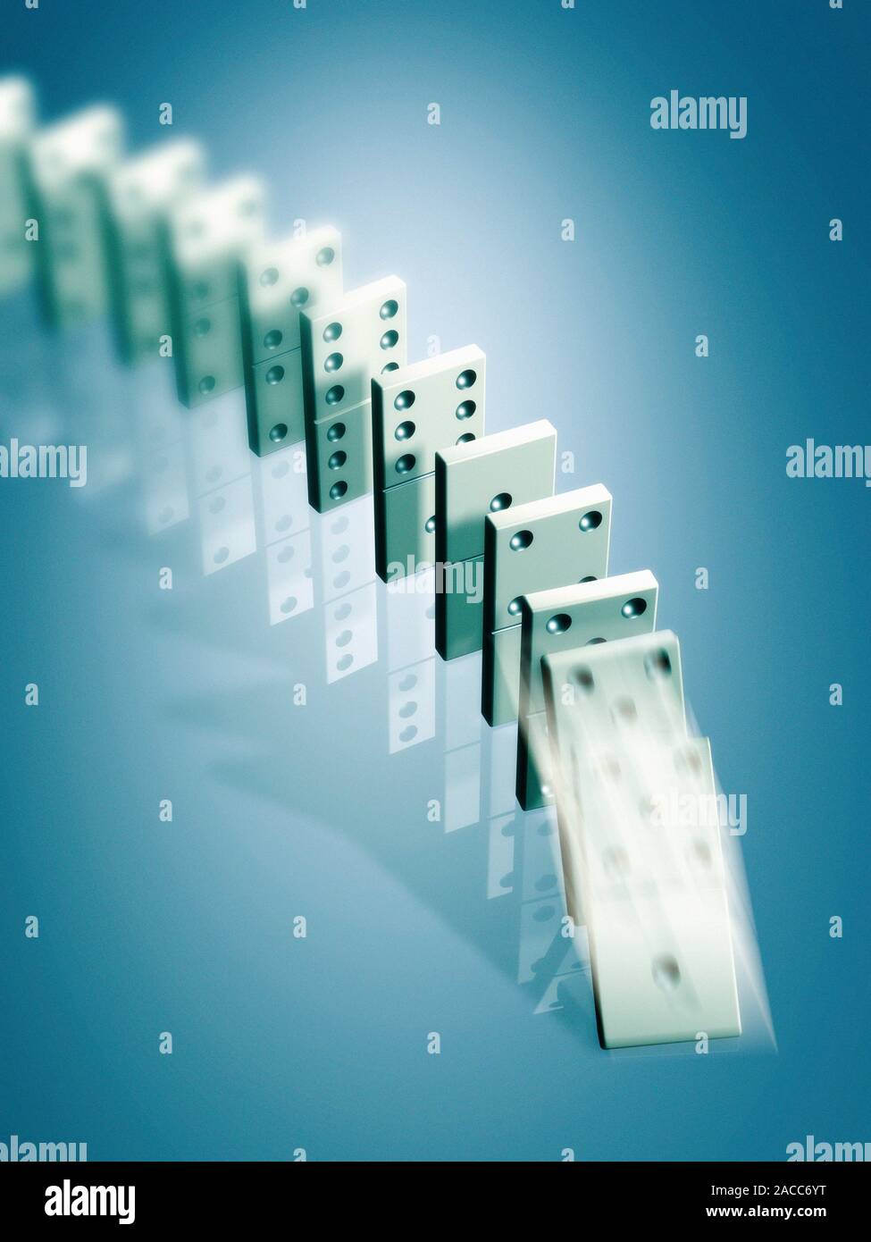 Domino effect. Conceptual computer artwork of a row of falling dominoes ...