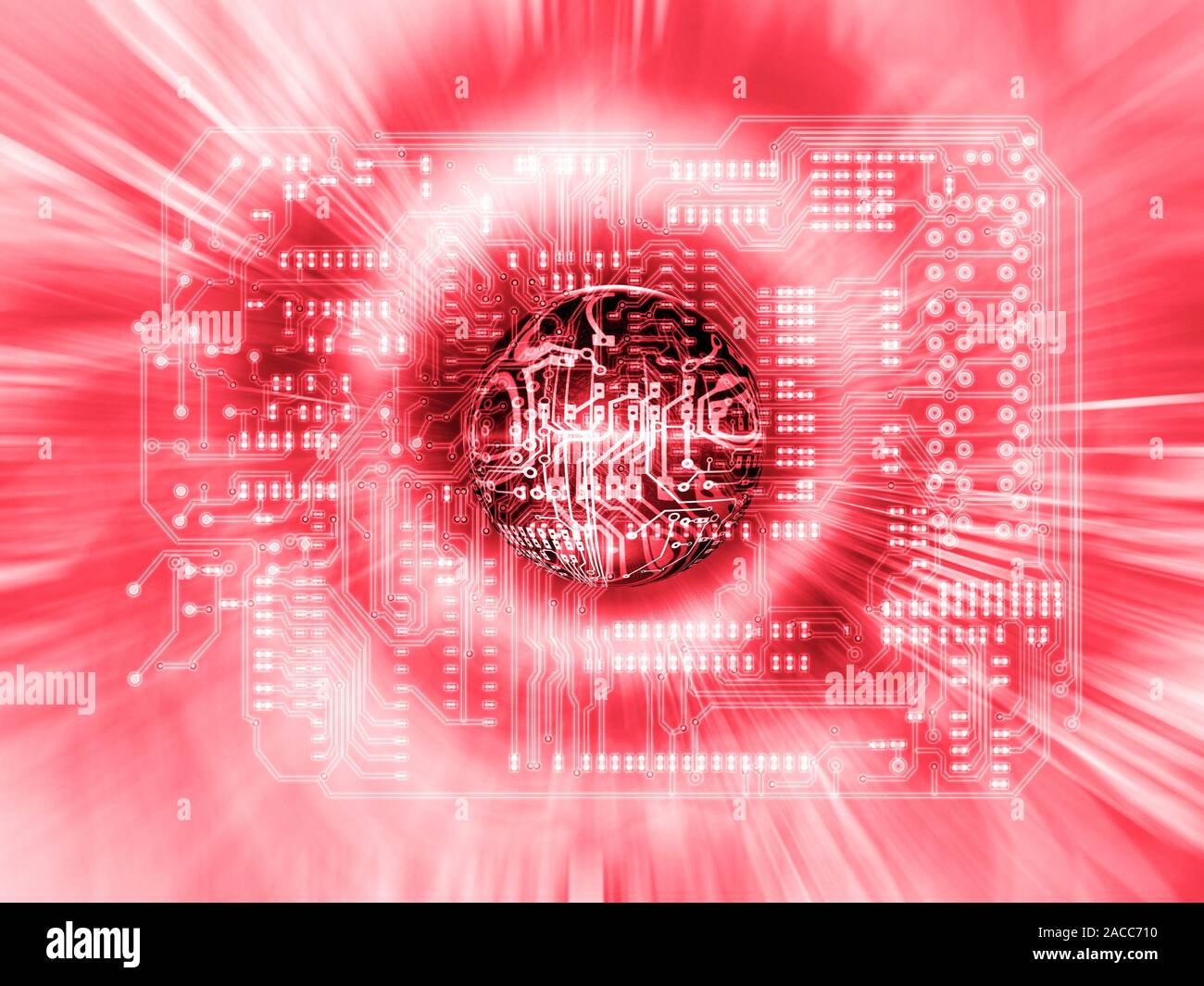 Quantum computing. Conceptual computer artwork of a sphere on a circuit ...