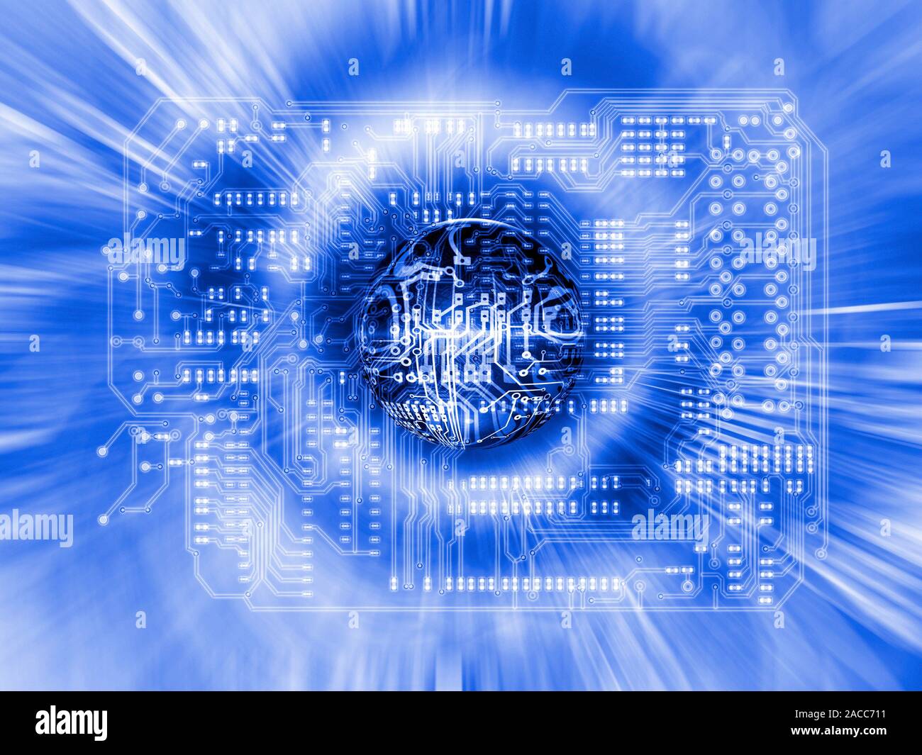 Quantum computing. Conceptual computer artwork of a sphere on a circuit ...