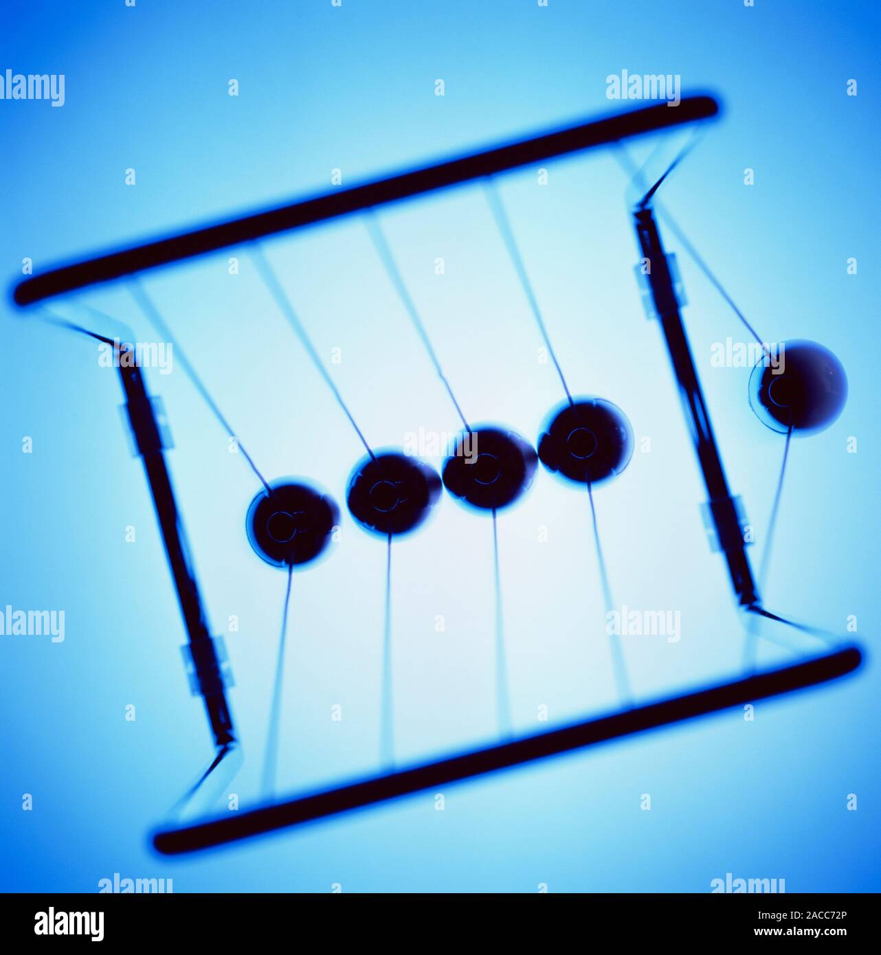 Newton's cradle in motion. This device demonstrates the conservation of ...