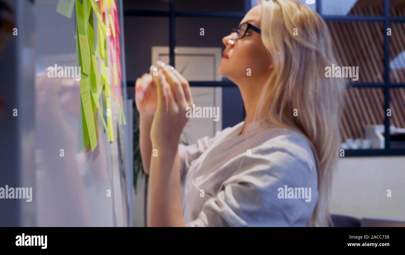 Project management agile methodology, concept. A young blonde woman in ...