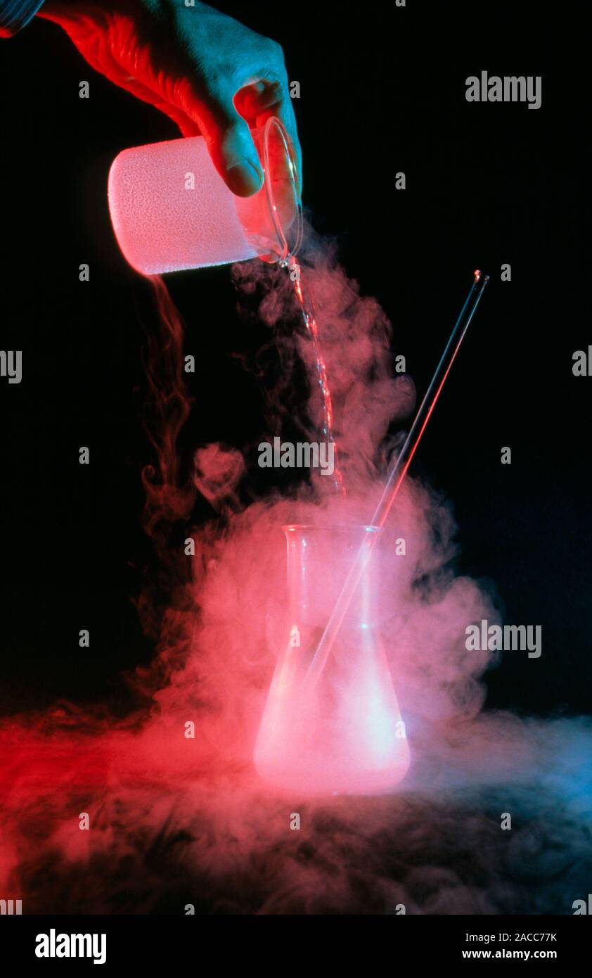 Liquid nitrogen being poured into a flask. Nitrogen is liquid at ...
