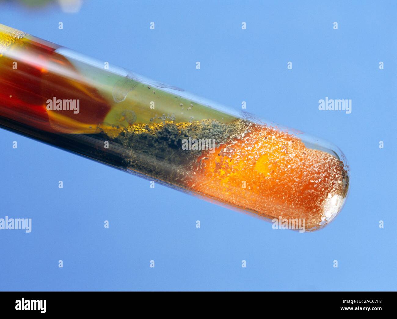 Iron reacting with sulphur in a test tube. This is an addition reaction ...