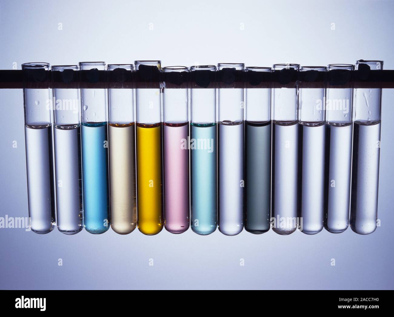 Metal ion solutions, image 1 of 2. From left to right are solutions of ...