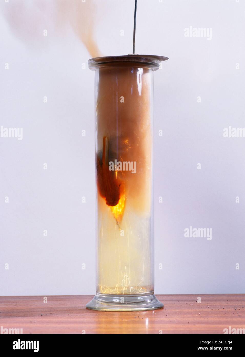 Iron reacting with chlorine. Iron (Fe) producing flames as it reacts ...