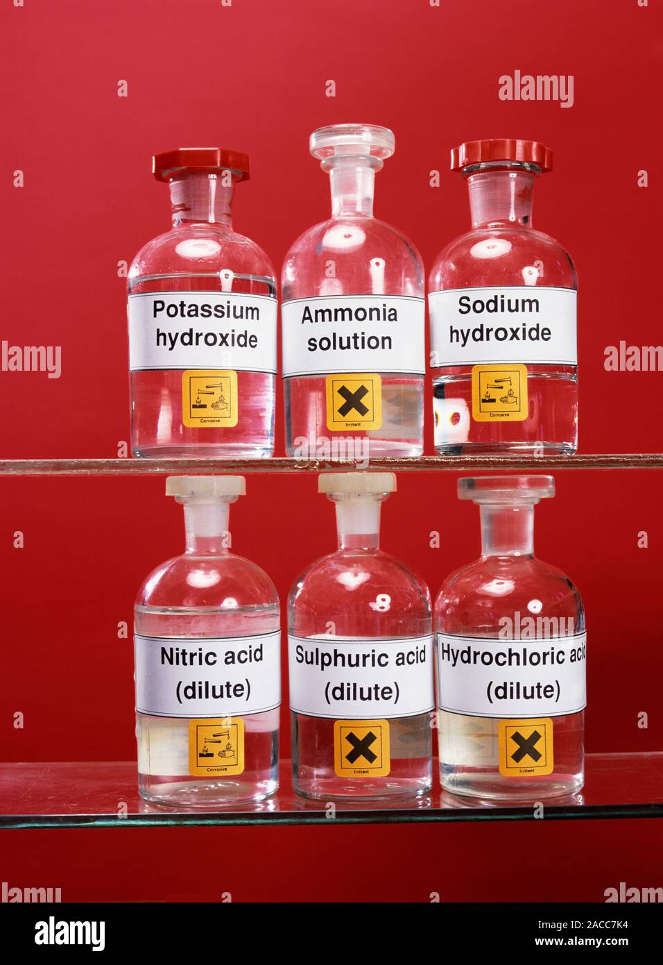 Acids and alkalis. The top shelf contains three alkalis, while the ...