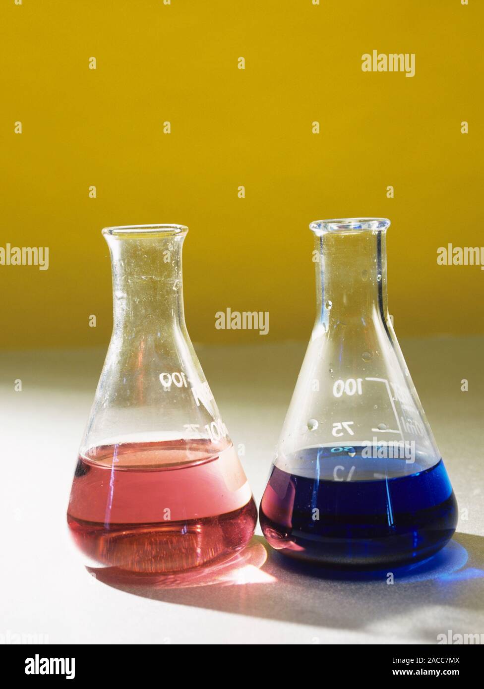Cobalt chloride equilibrium. The flask on the left contains a cobalt ...