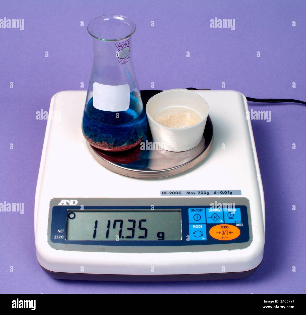 Conservation of mass experiment. Image 2 of 2. Digital scales showing ...