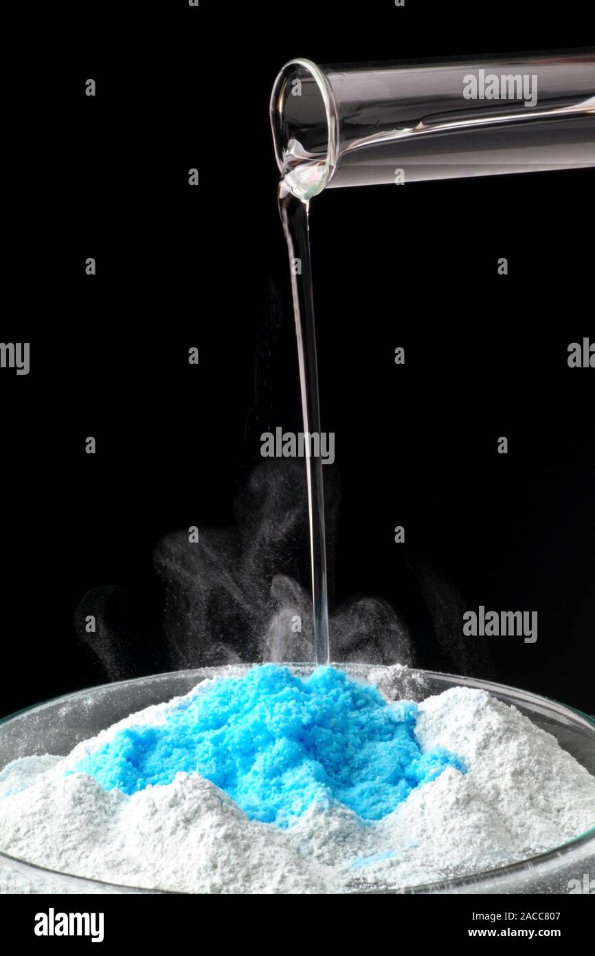 Heat of hydration of copper sulphate. Water being poured from a test ...