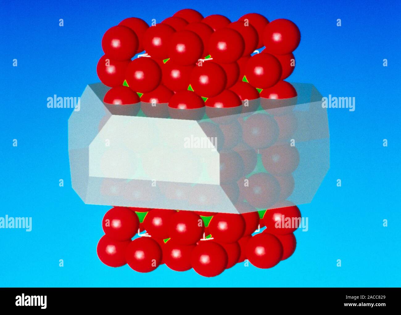 Chromium oxide. Molecular graphic showing the crystal structure (grey ...