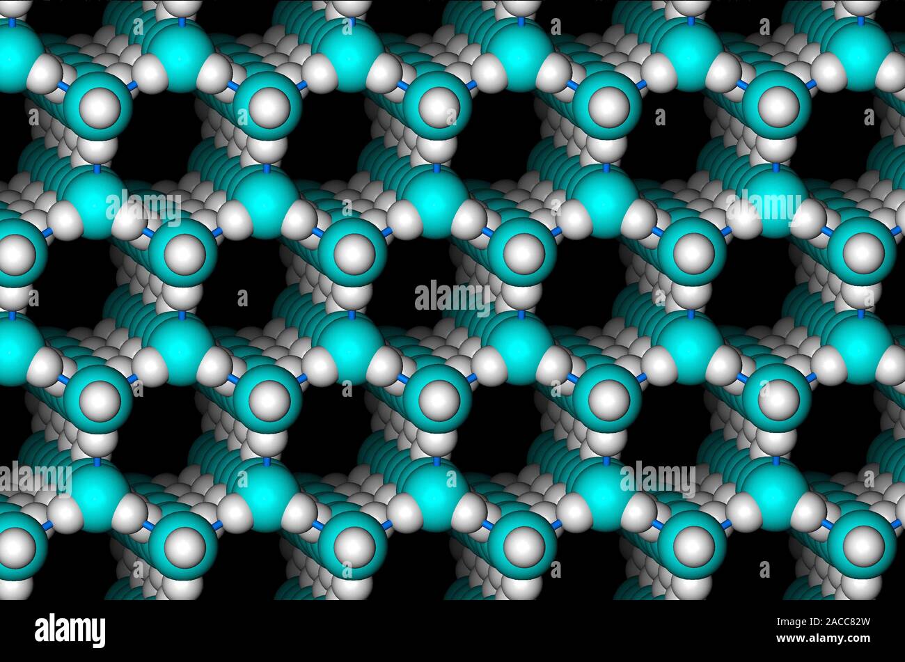 Frozen water (image 1 of 3). Molecular graphic of the hexagonal crystal ...