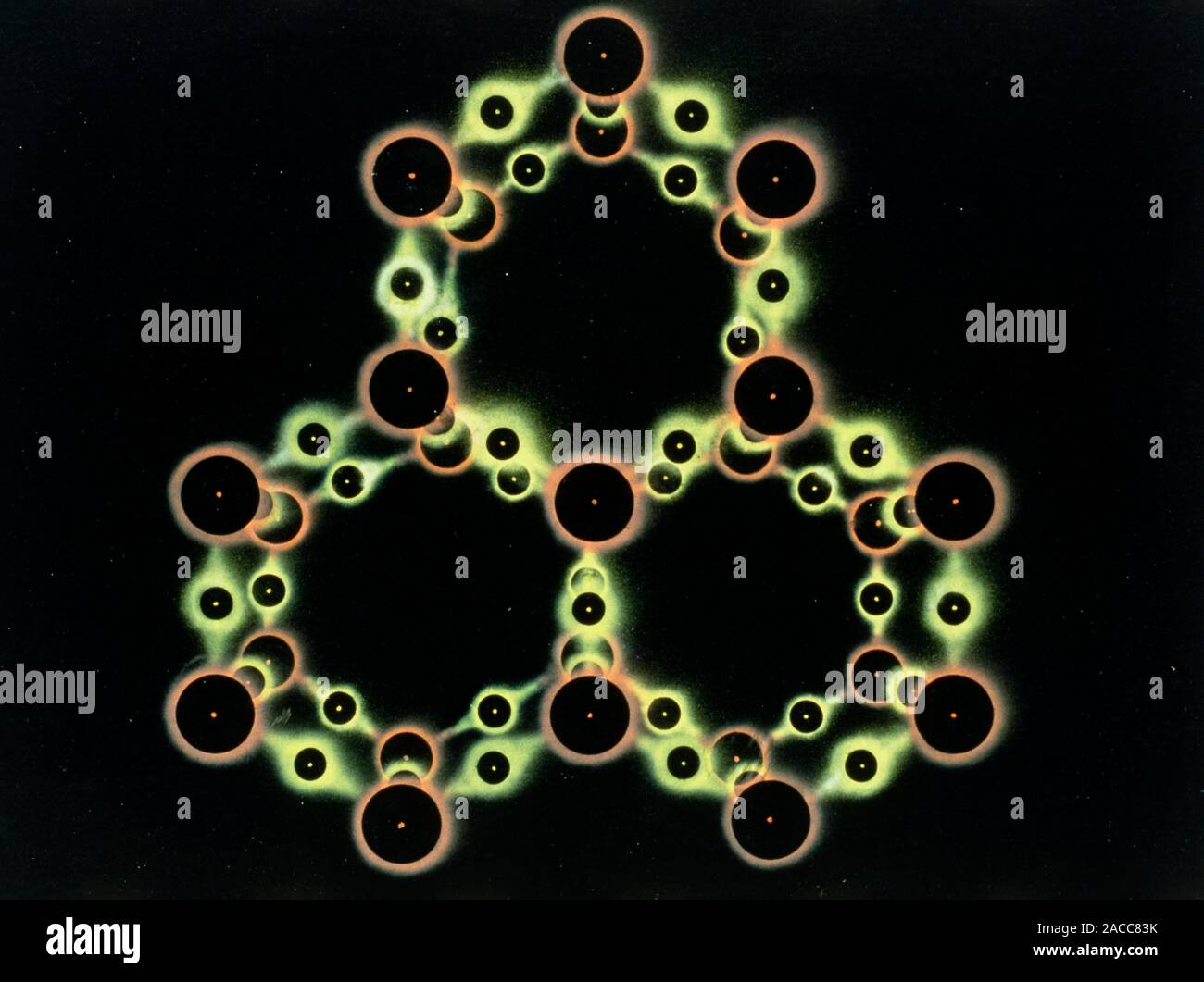 Ice. Image 1 of 3. Artwork of the hexagonal crystal structure of solid ...