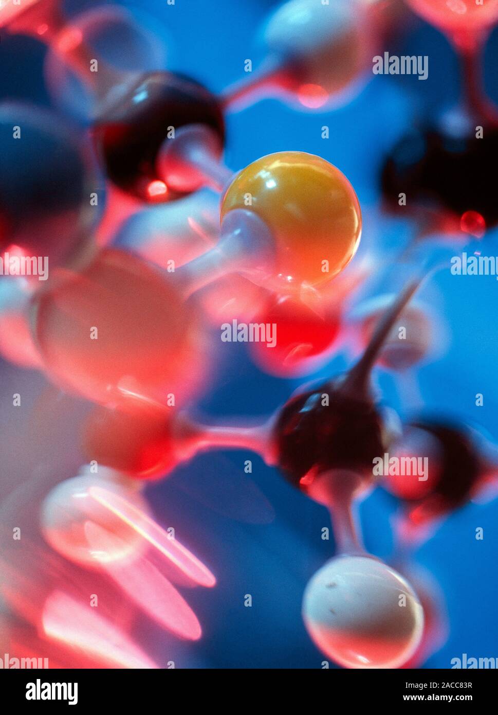 Molecular model. Close-up of a ball and stick model of the structure of ...