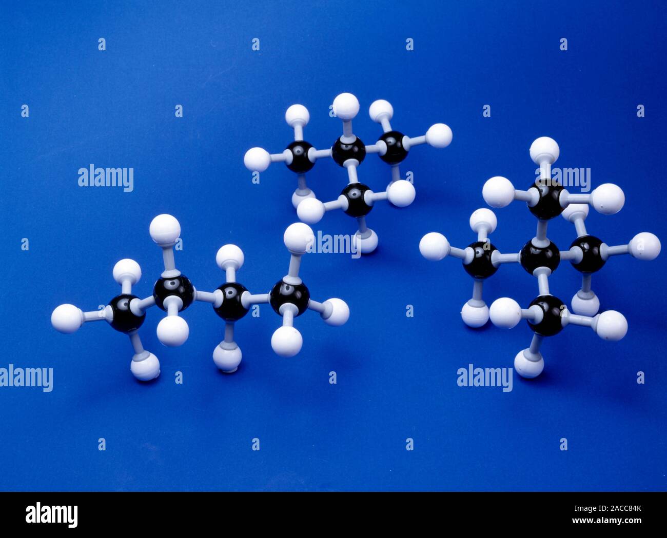 Alkane molecules. Molecular models of three types of alkane (paraffin ...