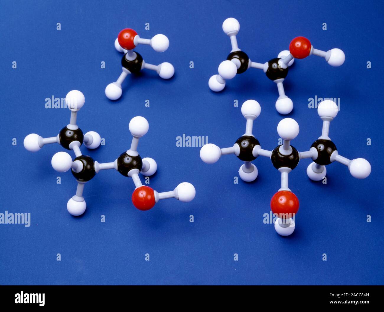 Alcohol molecules. Molecular models of four types of alcohol molecule ...