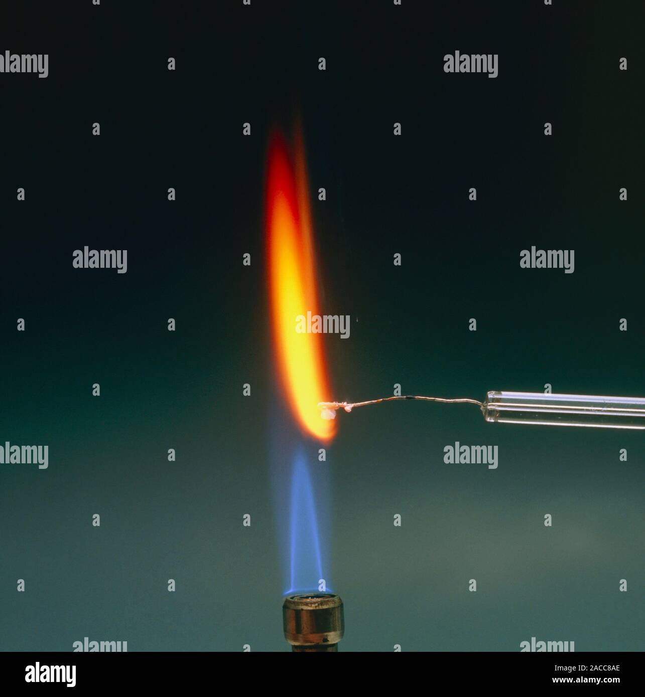 Performing a flame test (orange) on a sodium compound. A flame test is ...
