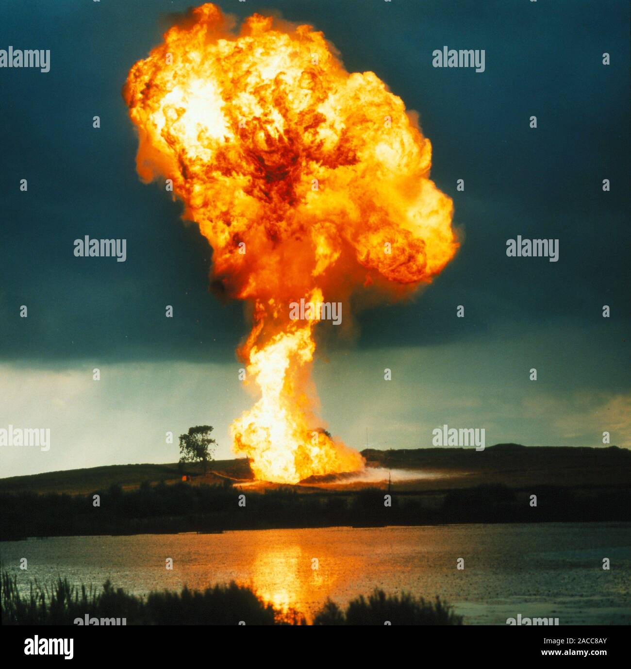 Pillar of fire from a Liquid Petroleum Gas (LPG) explosion. LPG fuel is ...