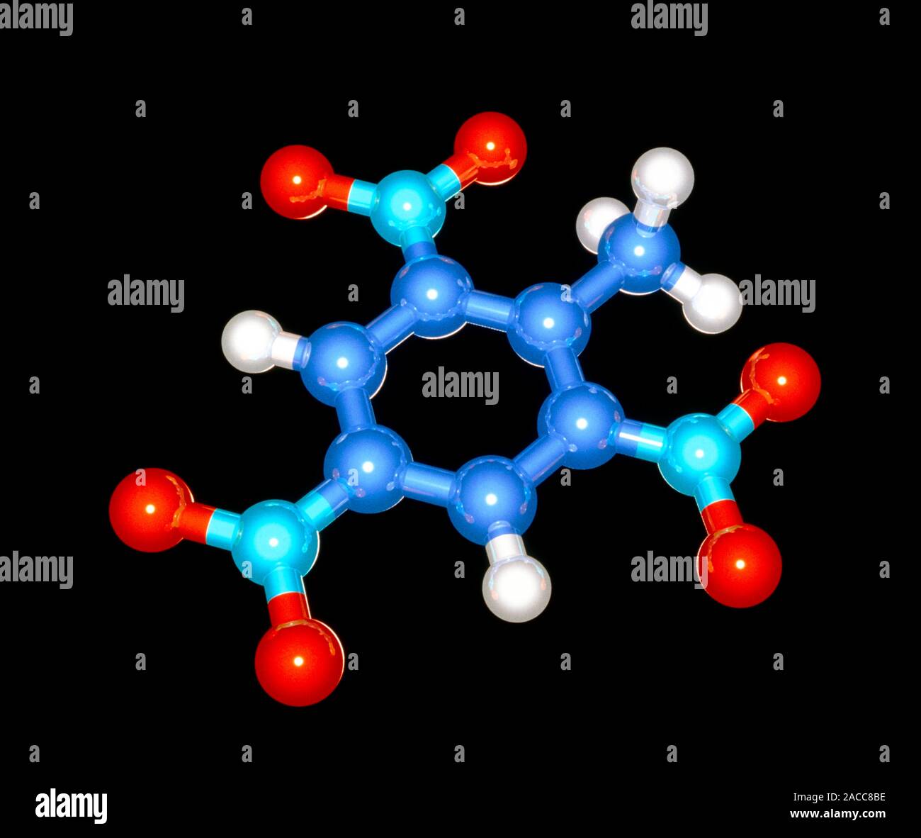 TNT. Molecular model of the explosive TNT, or trinitrotoluene (formula ...