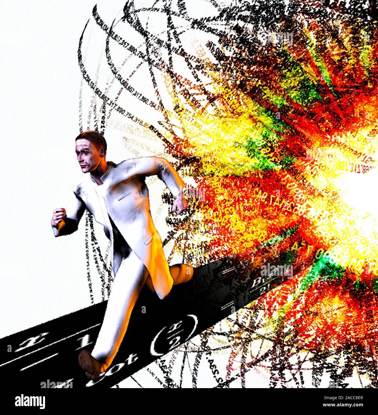 Explosion. Conceptual computer artwork of a man running from an ...