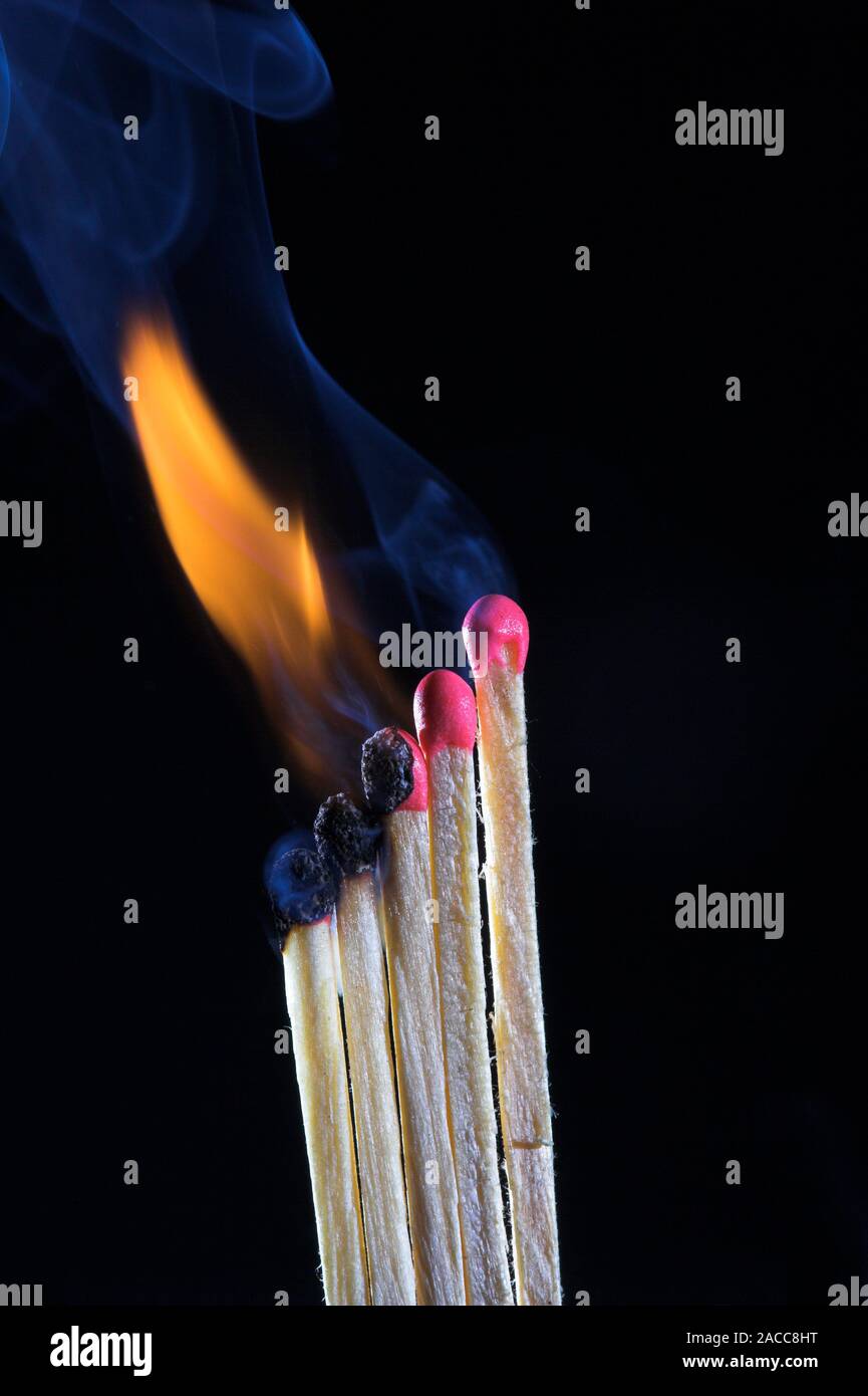 Lit match. Matches being lit in a sequence, one after the other. A ...