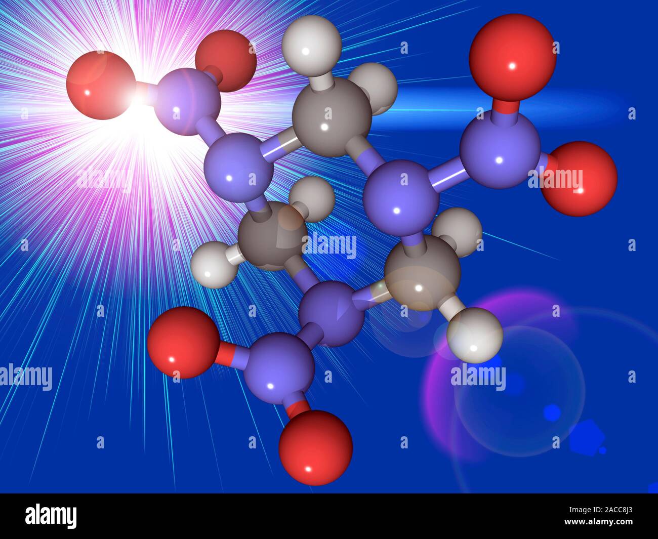 RDX explosive. Molecular model of the explosive chemical RDX (C3.H6.N6 ...