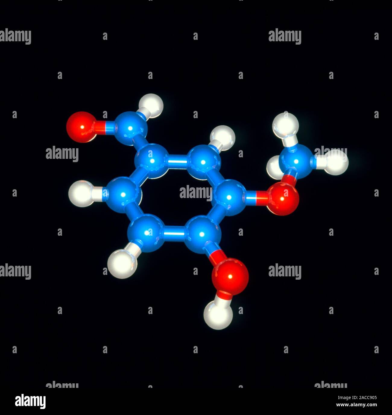 Vanillin. Computer model of a molecule of vanillin (formula: C8H8O3 ...
