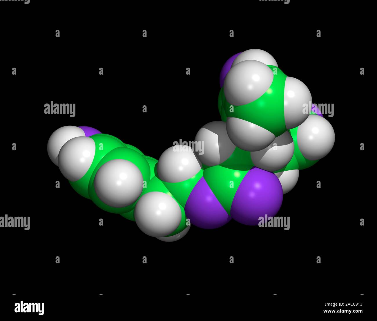 Oleocanthal olive oil molecule, molecular model. Atoms are represented ...