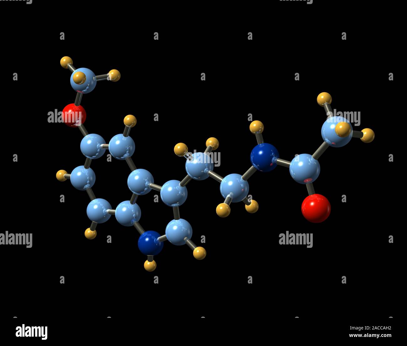 Melatonin. Molecular model of the hormone melatonin. Atoms are ...