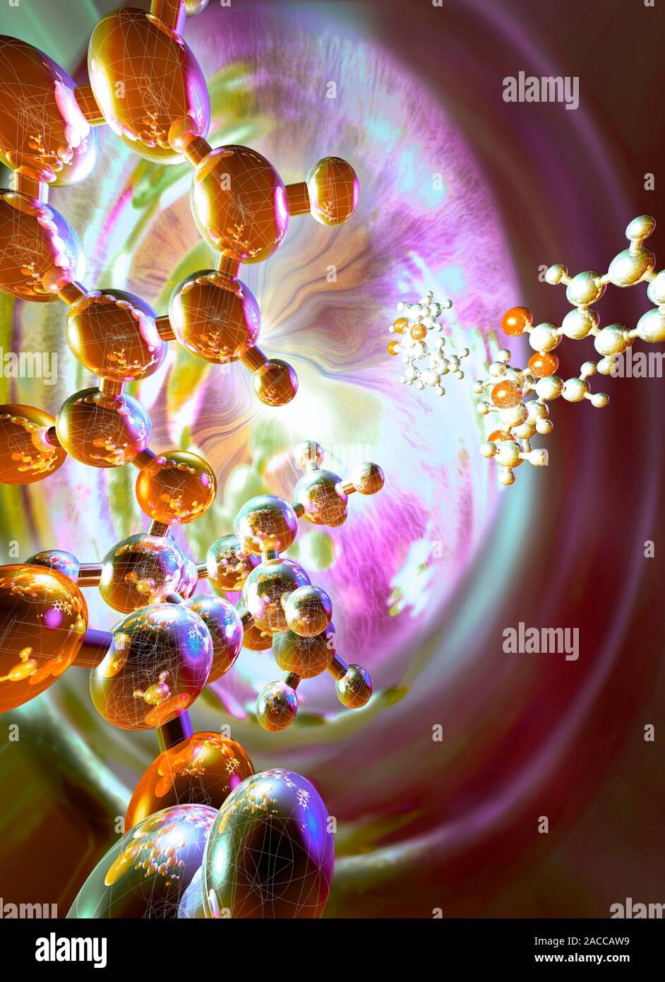 Cocaine. Molecular model of the drug cocaine (formula: C17H21NO4), with ...