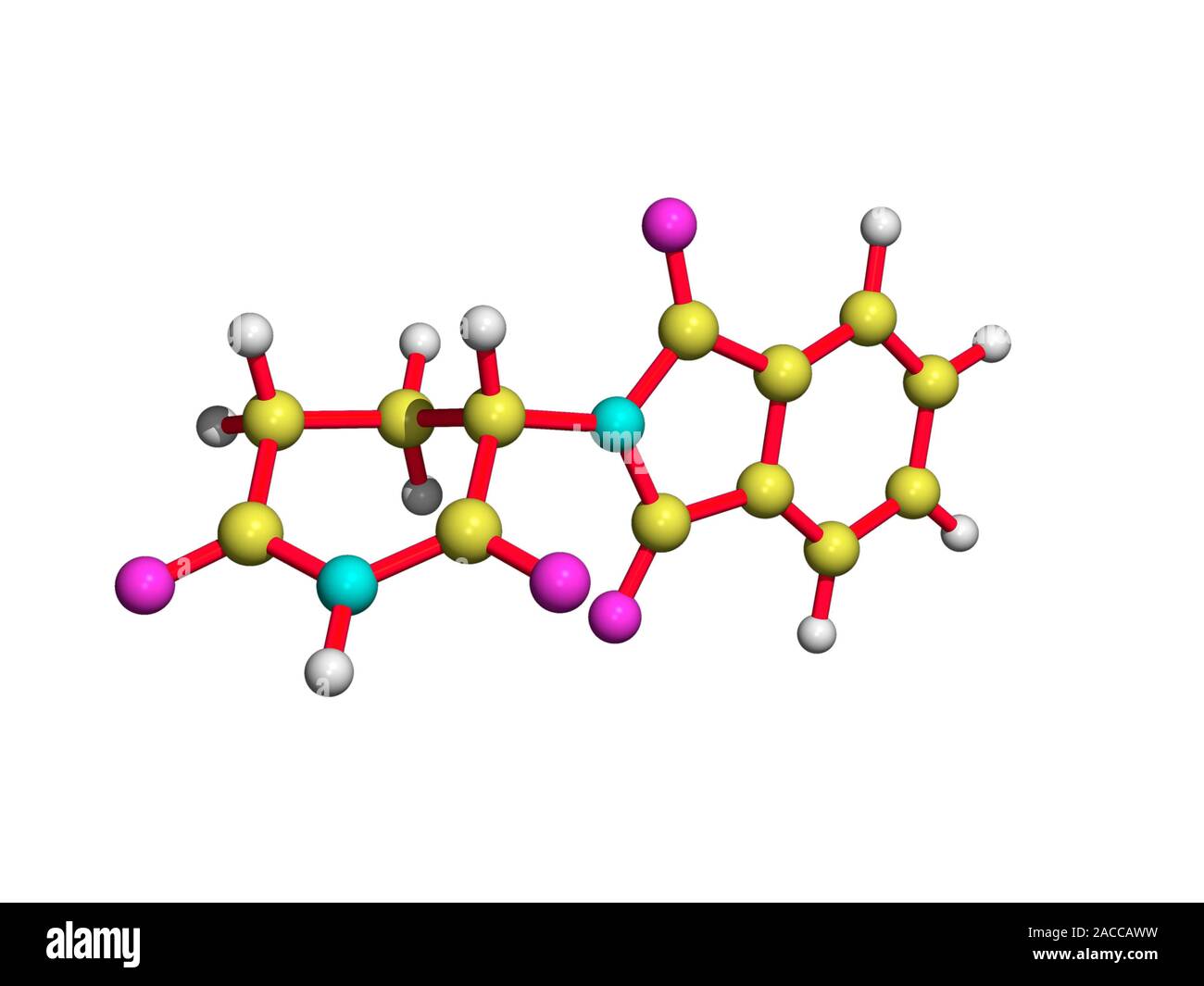 Thalidomide (C13.H10.N2.O4) molecular model. The atoms are colour-coded ...