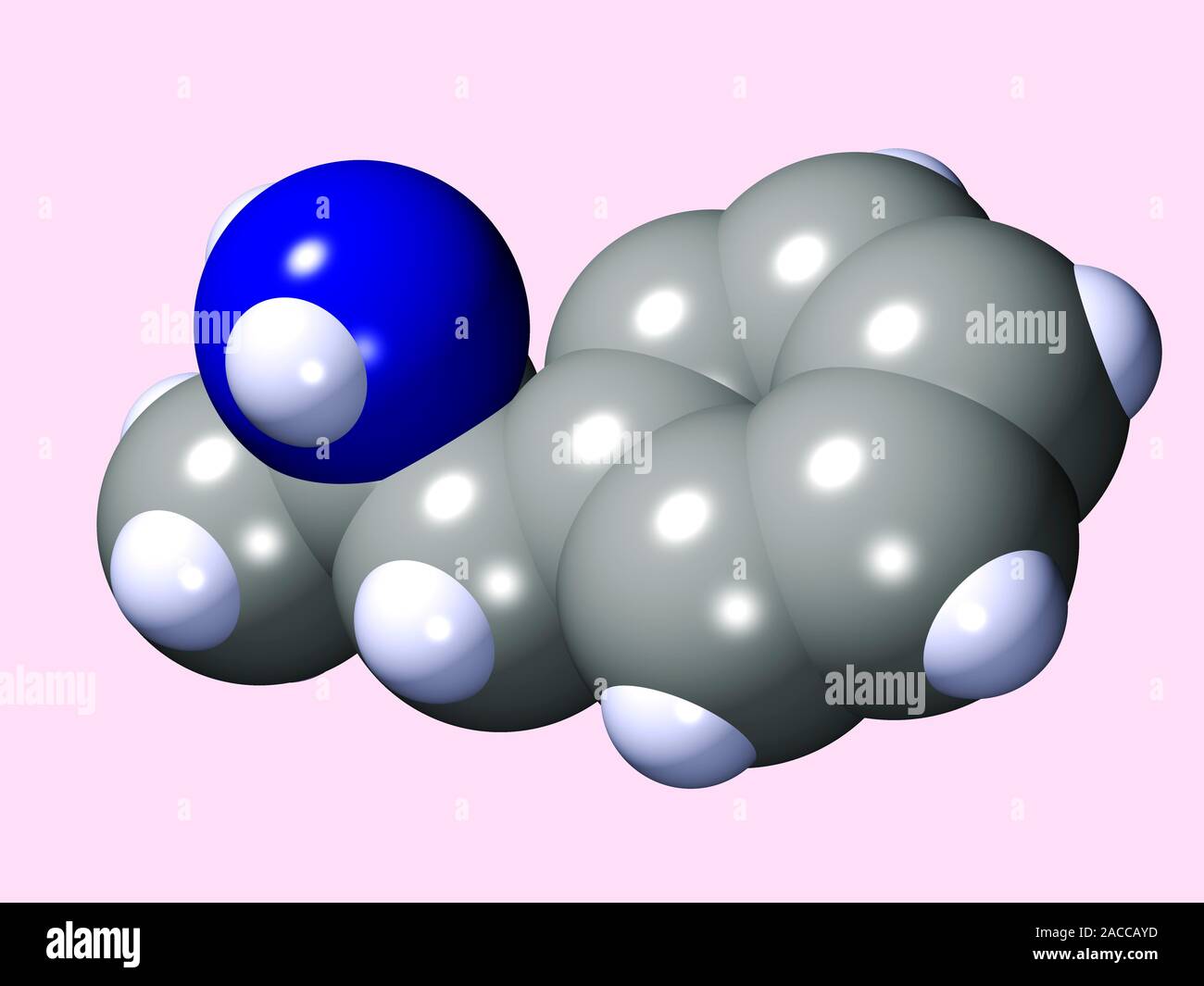 Amphetamine drug, molecular model. Amphetamine (C9H13N) is a stimulant ...