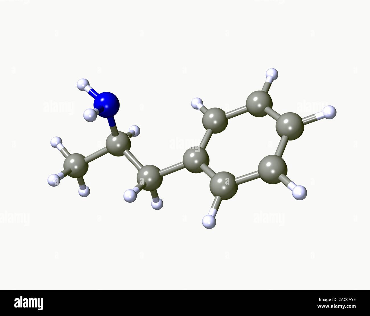 Amphetamine drug, molecular model. Amphetamine (C9H13N) is a stimulant ...