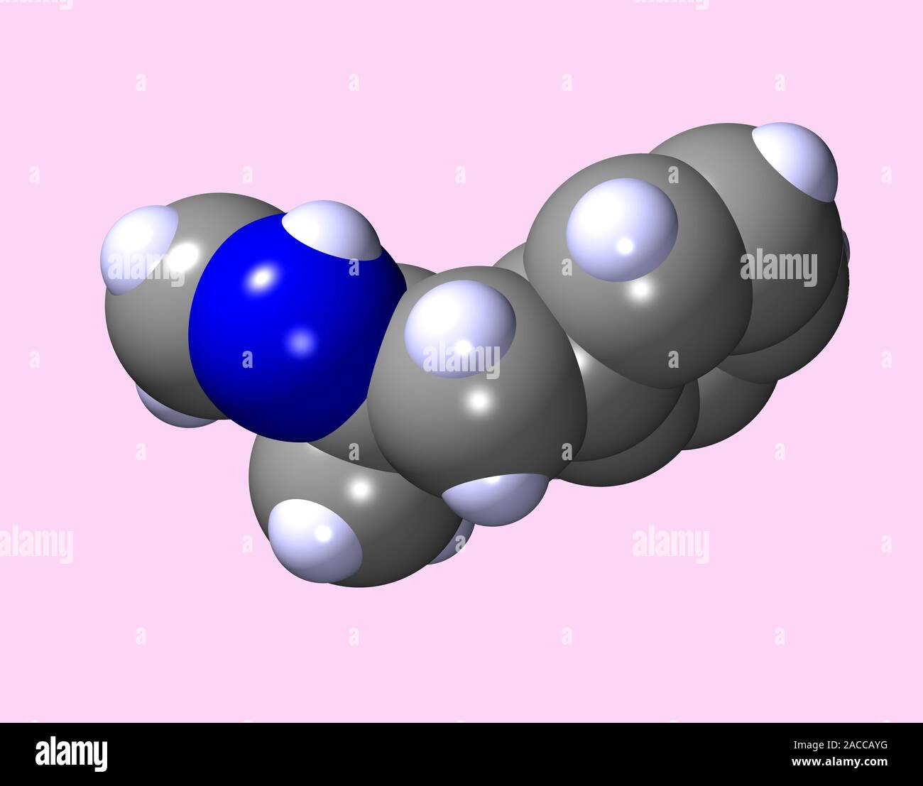 Methamphetamine drug, molecular model. Methamphetamine (C10H15N) is a ...