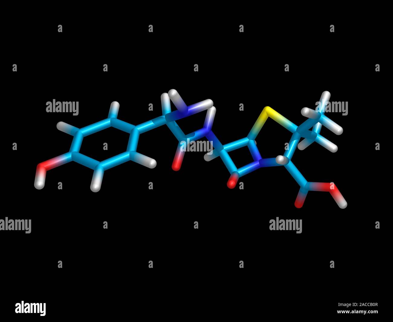 Amoxicillin antibiotic drug, molecular model. This is a moderate ...