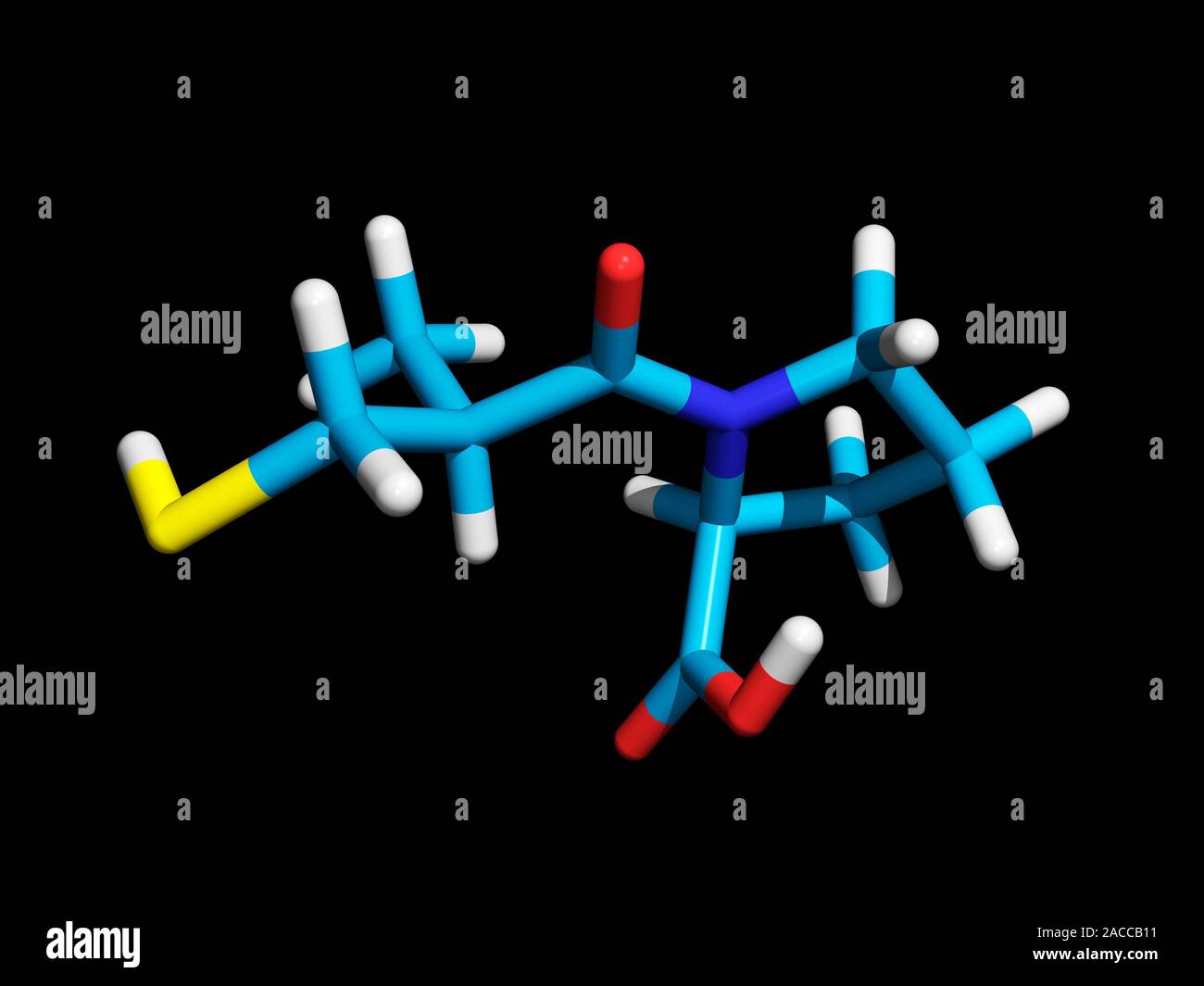 Captopril drug molecule, molecular model. Atoms are represented as rods ...