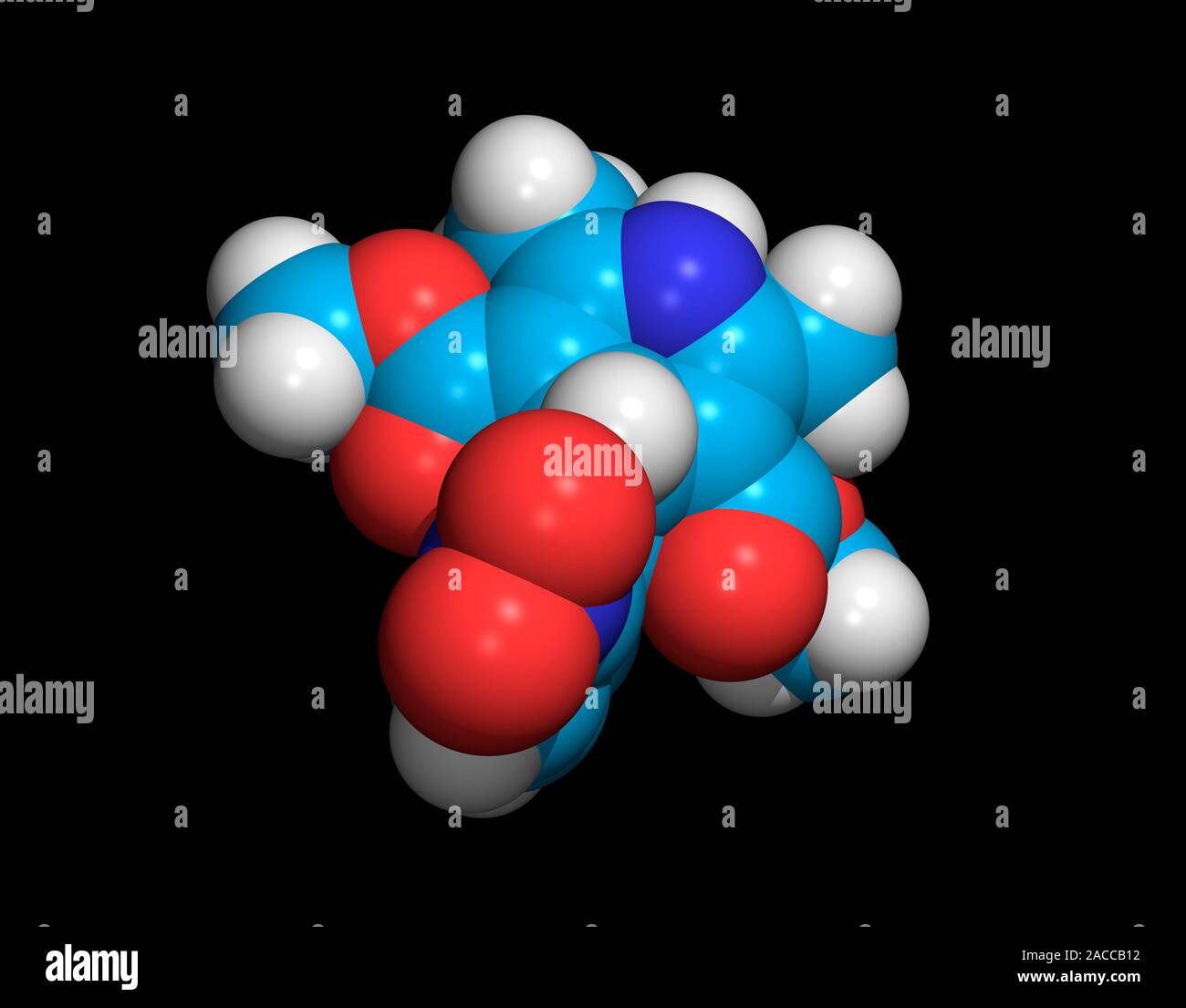 Nifedipine drug molecule, molecular model. Atoms are represented as ...