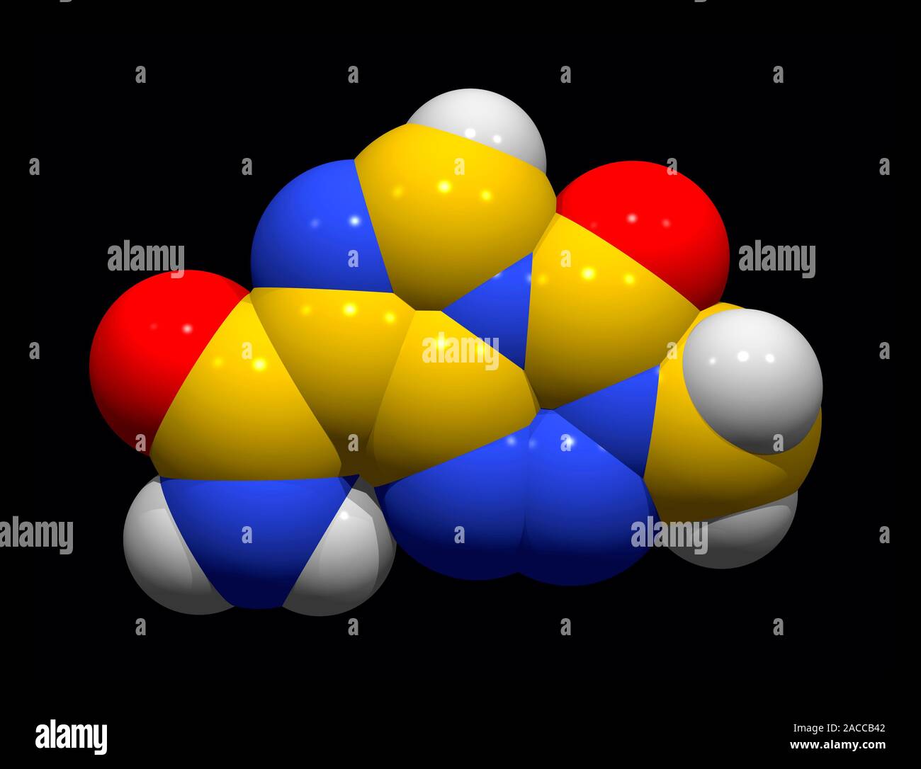 Temozolomide chemotherapy drug molecule. Computer model of a molecule ...